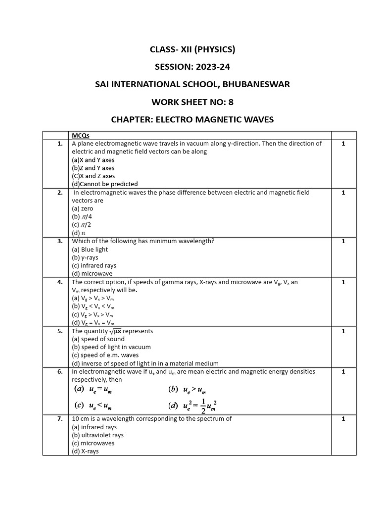 Class 12 Physics Worksheet: Electromagnetic Waves | PDF ...