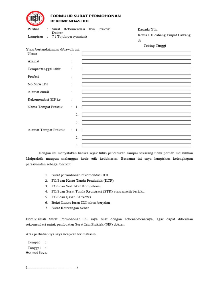 Formulir Rekomendasi SIP Dokter | PDF