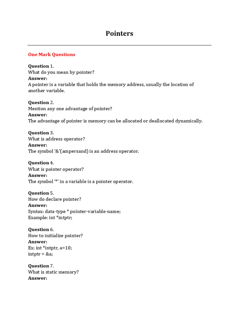 Pointers Qanda Pdf Pointer Computer Programming Variable 8363