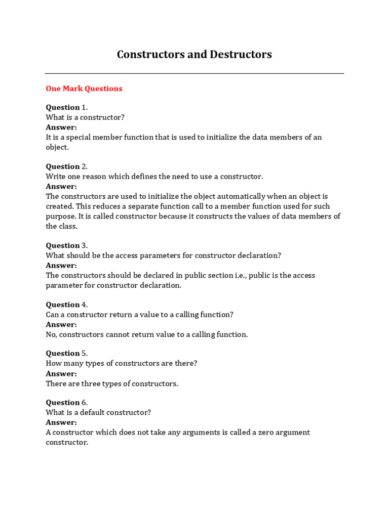 Constructors And Destructors Qanda Pdf Constructor Object Oriented Programming Programming 4601