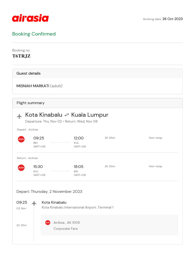 AirAsia Booking Confirmation: Kota Kinabalu to Kuala Lumpur | PDF