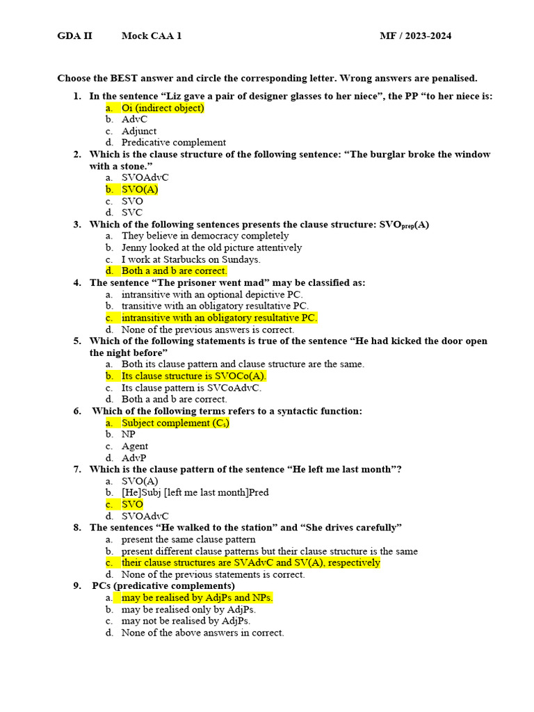 Caa1 Mock 2023 2024 Key | PDF | Clause | Sentence (Linguistics)