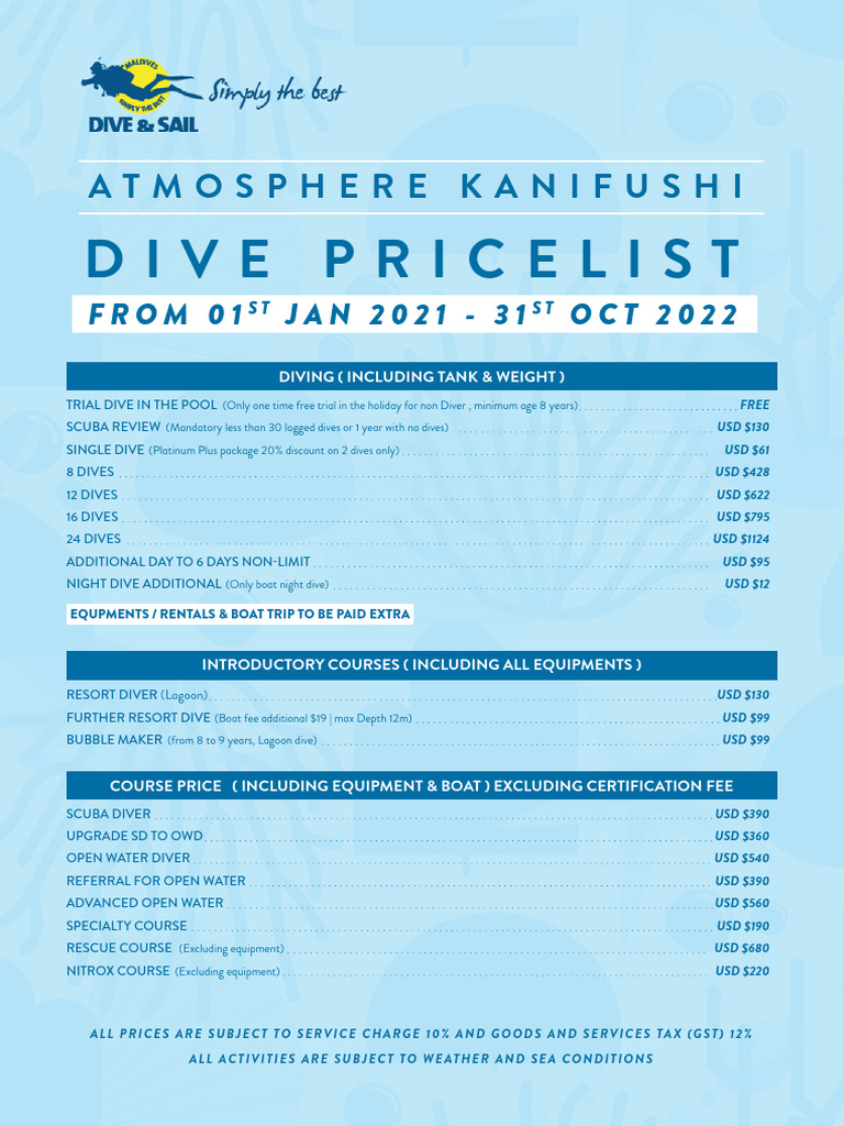 Maldives Dive Price List | PDF | Scuba Diving | Equipment