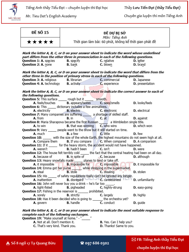 ĐỀ SỐ 15-trang-1-5 | PDF | Text Messaging