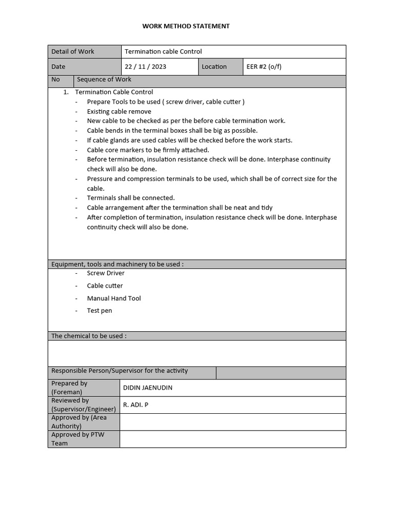 Work Method Statement Termination Cable Control | PDF