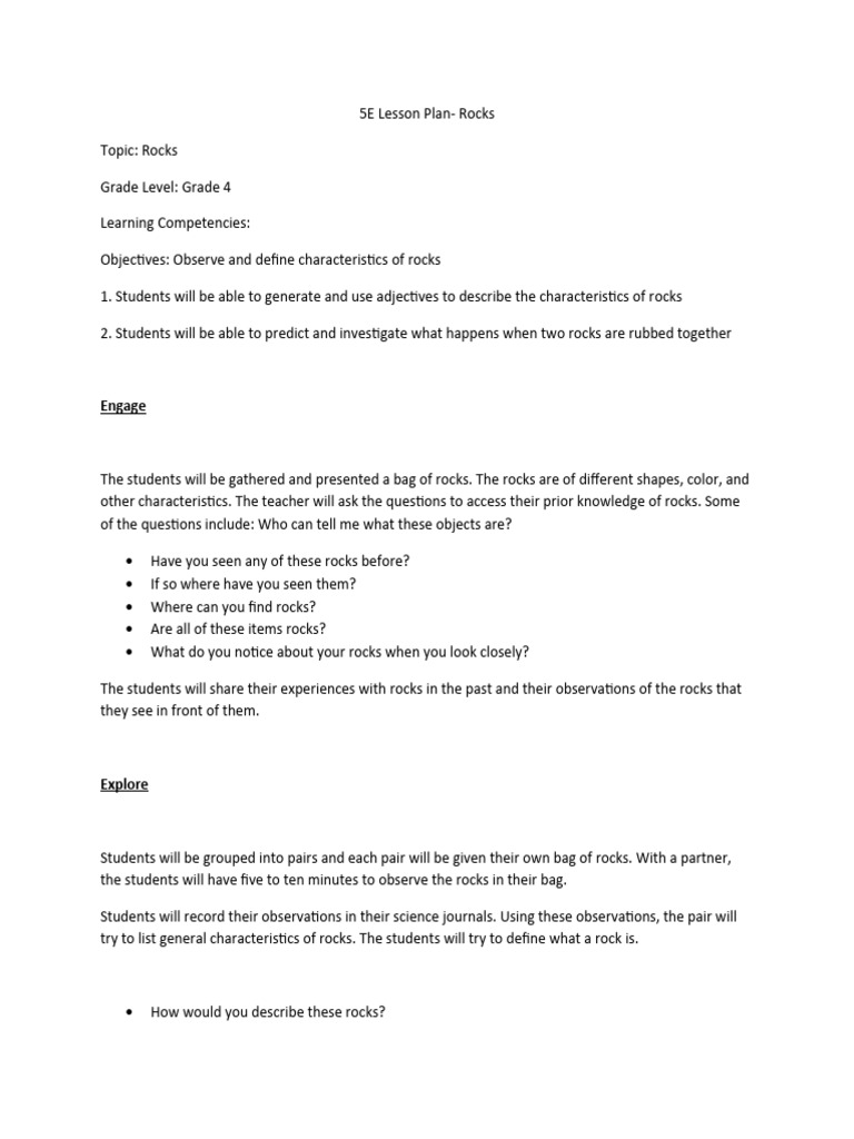 5E Lesson Plan-Rocks | PDF | Rock (Geology) | Chemical Substances