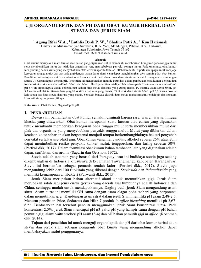 Uji Organoleptik Dan PH Dari Obat Kumur Herbal Daun Stevia Dan Jeruk ...