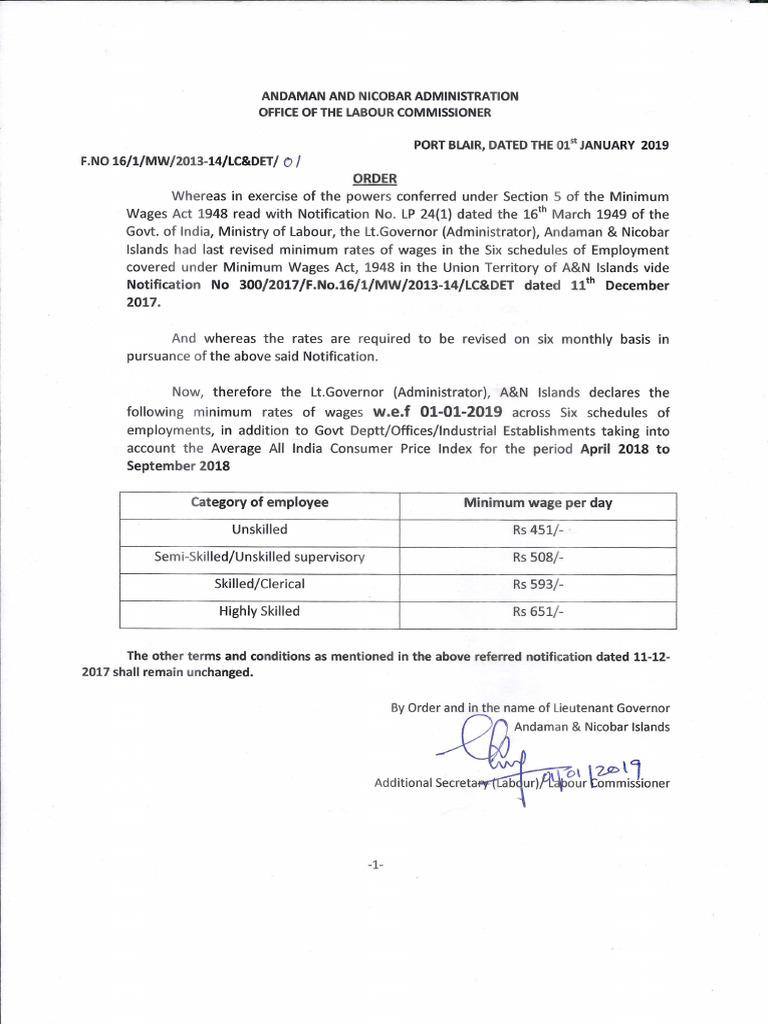 The Andaman and Nicobar Minimum Wages Notification 1st January 2019 | PDF