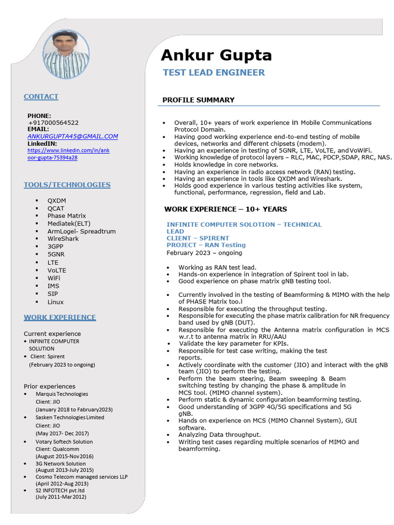 Resume AnkurGupta | PDF | Lte (Telecommunication) | Mimo