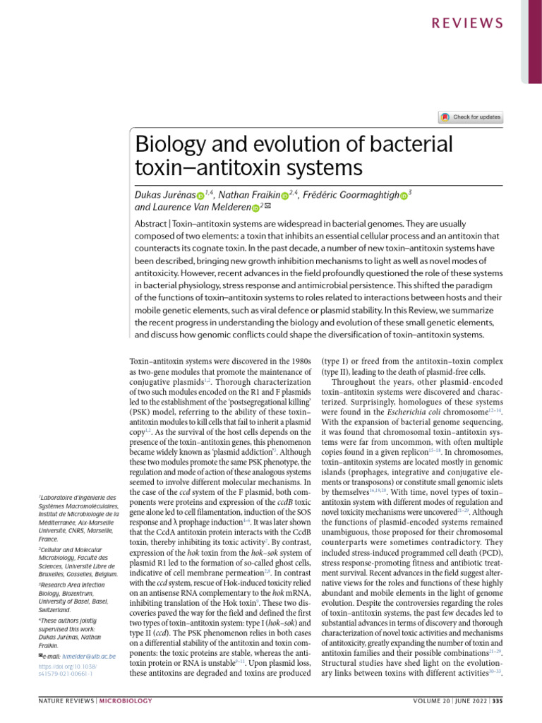 Biology and Evolution of Bacterial Toxin Antitoxin Systems | PDF | Rna ...