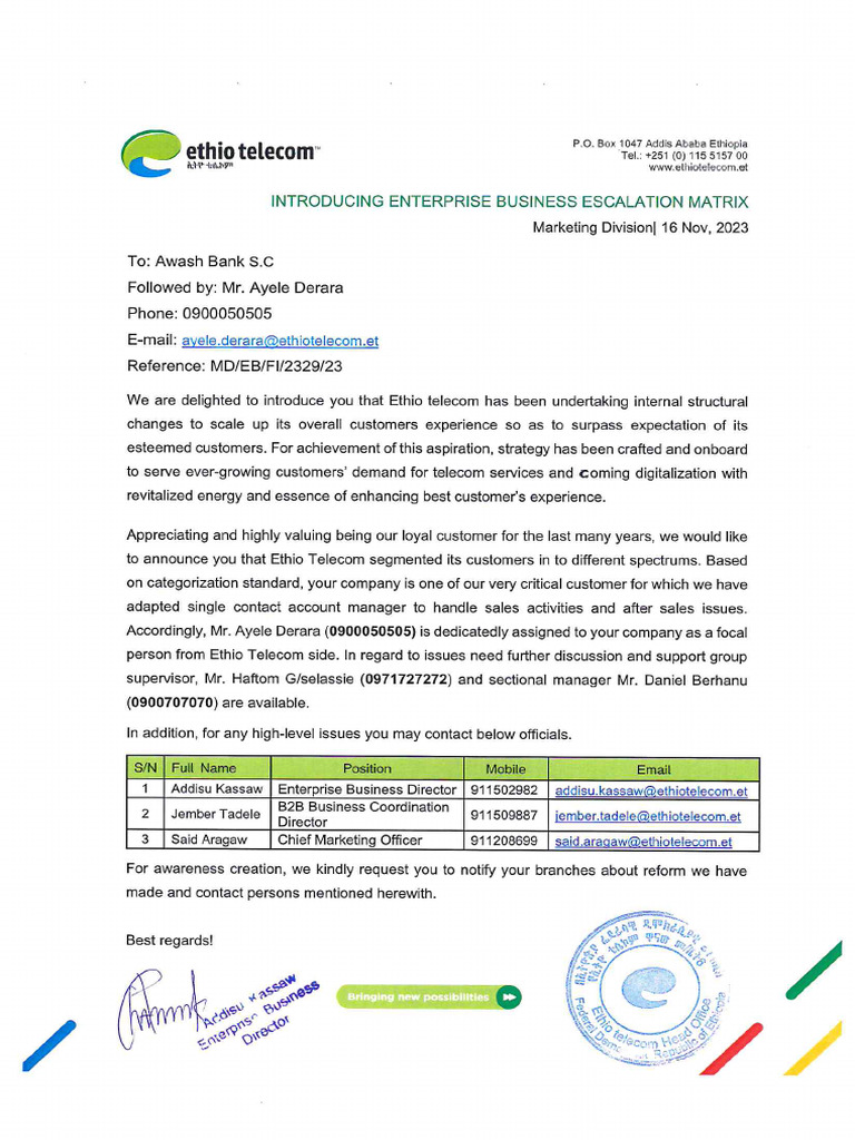 Introducing Enterprise Business Escalation Matrix Letter | PDF