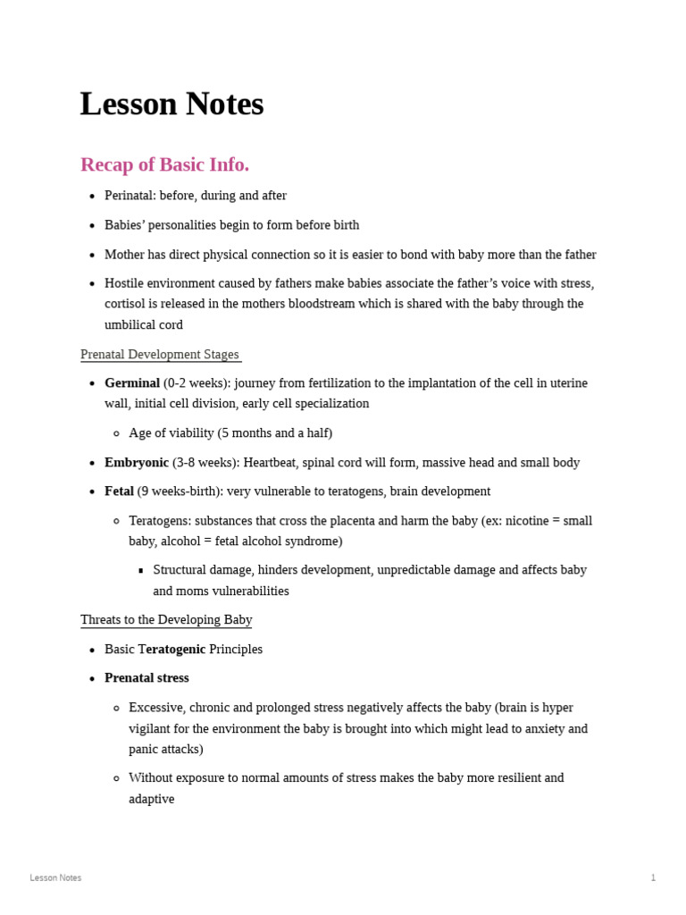 Week 1 Perinatal Notes | PDF | Prenatal Development | Obesity