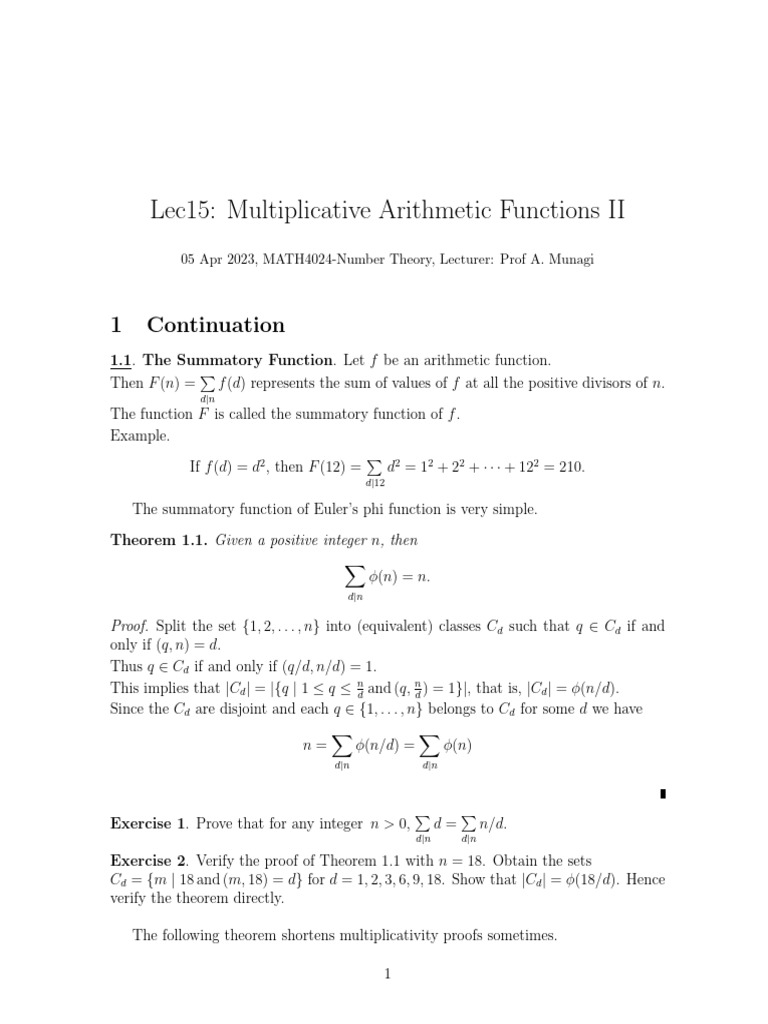Lec15 ArithmetcFunctions2 | PDF | Theorem | Elementary Mathematics
