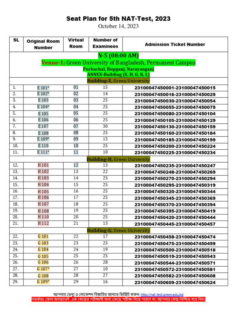 NAT Test 2023 Seat Plan Details | PDF