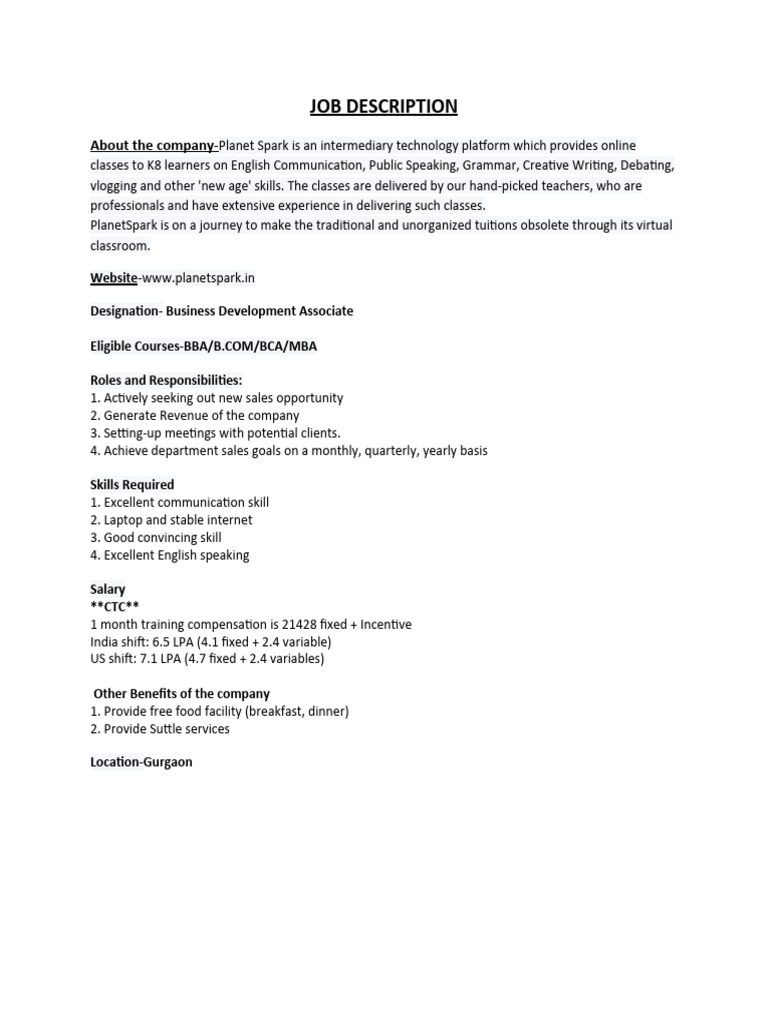 Job Description Planet Spark | PDF