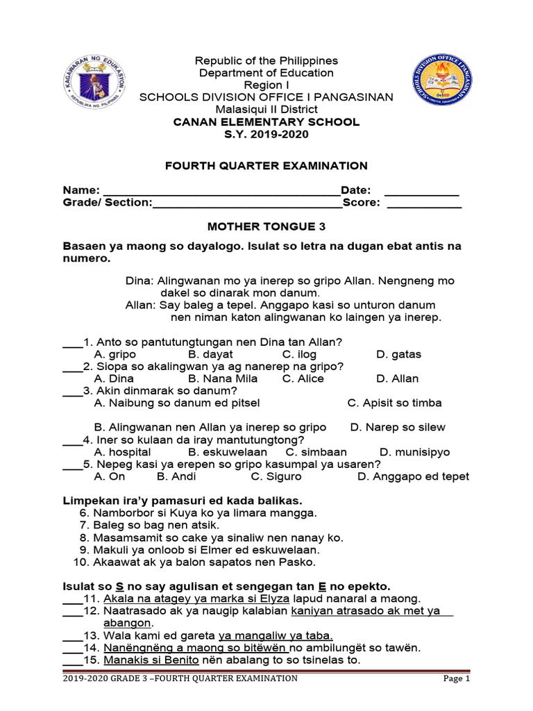 GRADE 3 4th Quarter Exam | PDF | Language Arts & Discipline | Wellness