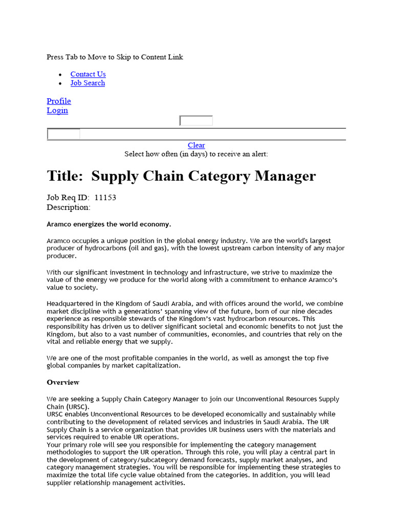 ARAMCO - Supply Chain Category Manager | PDF | Supply Chain | Market ...