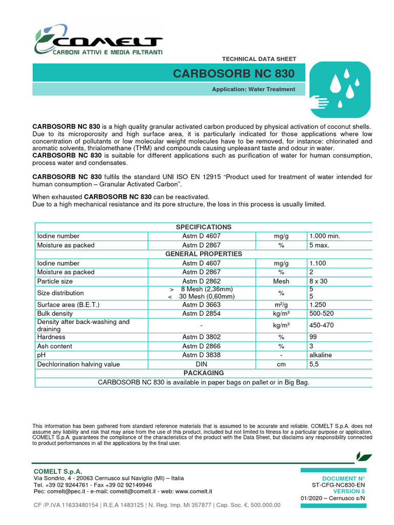 CARBOSORB NC 830 - Comelt - TDS - EN | PDF | Water Purification | Chemistry
