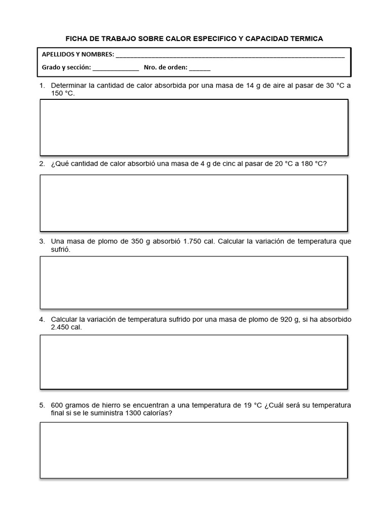 FICHA DE TRABAJO SOBRE CALOR ESPECIFICO Y CAPACIDAD TERMICA | PDF
