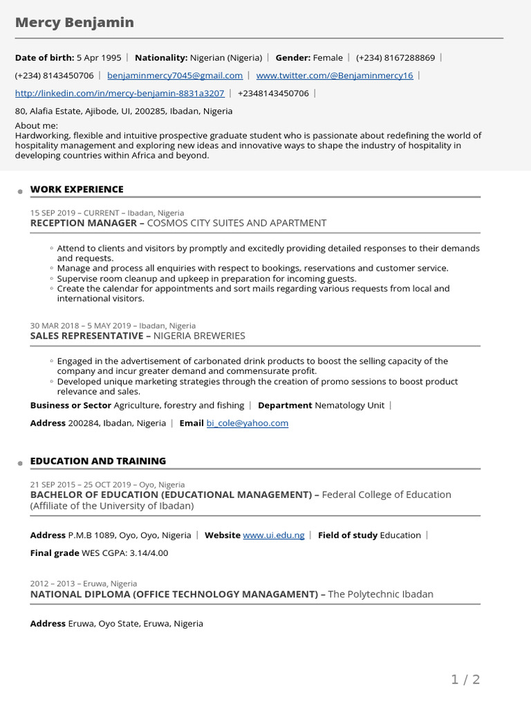 CV - Mercy Benjamin | PDF | Nigeria | Communication