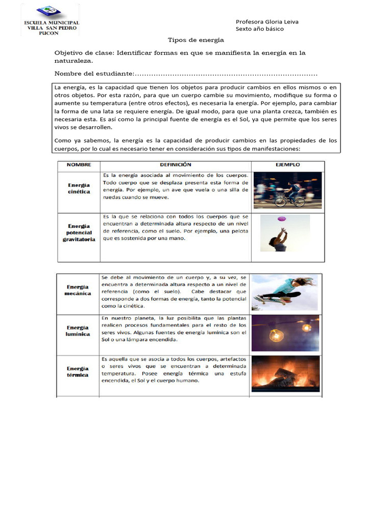Tipos de Energía en Sexto Básico | PDF | Química Física | Física ...