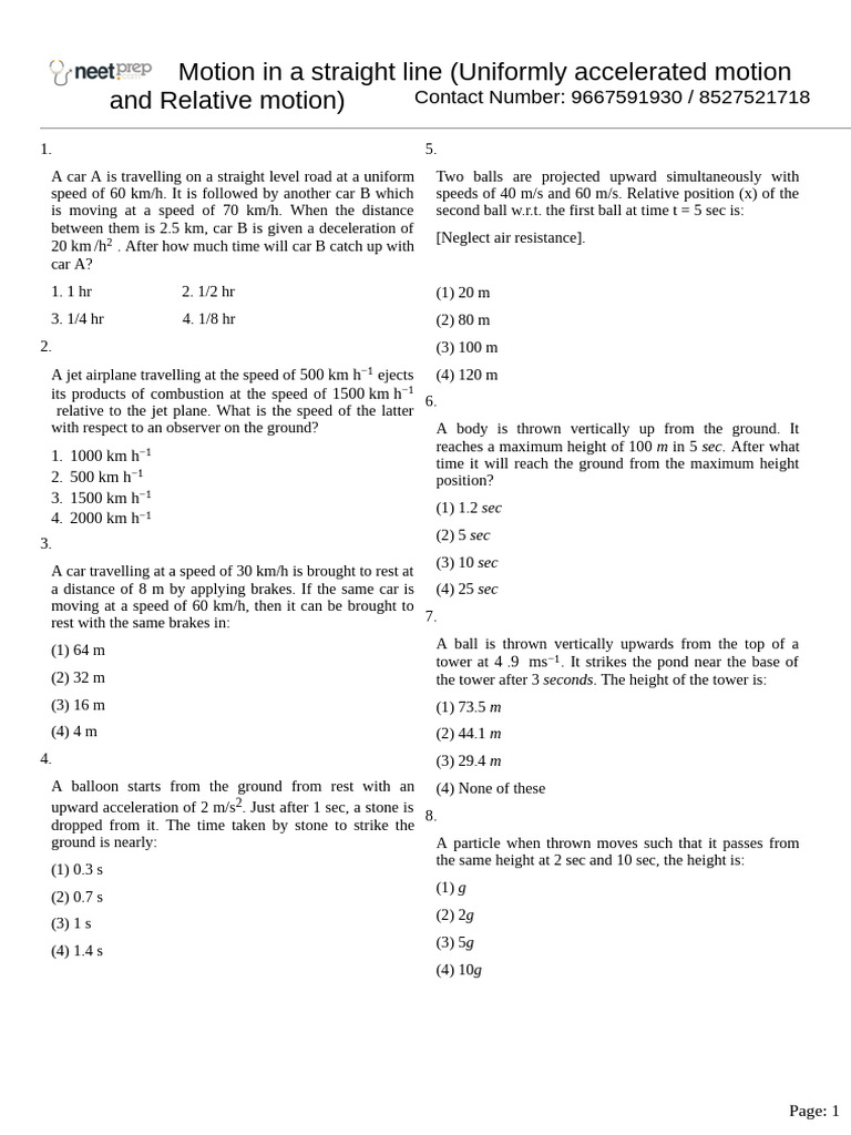 Motion in A Straight Line - QP 1 | PDF | Acceleration | Temporal Rates