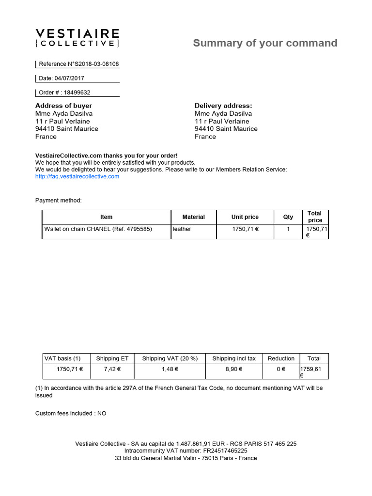 Chanel Wallet Purchase Receipt | PDF