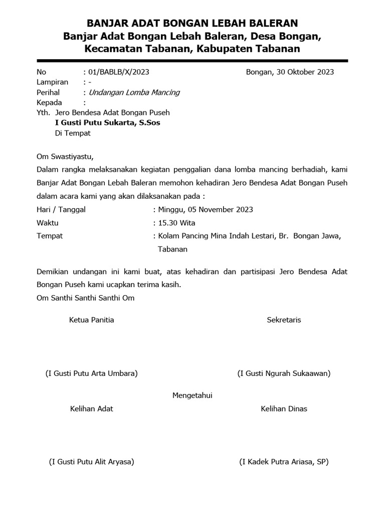 Undangan Lomba Mancing Banjar Bongan | PDF
