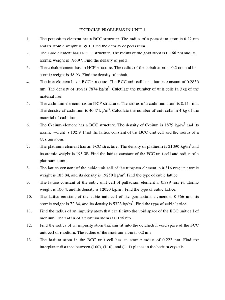 Exercise Problems | PDF | Crystal Structure | Metals