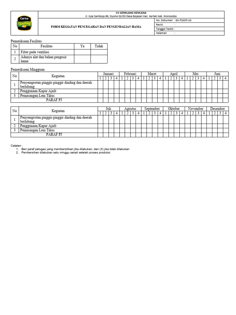 Gk-Fssop-24 Form Kegiatan Pencegahan Dan Pengendalian Hama | PDF