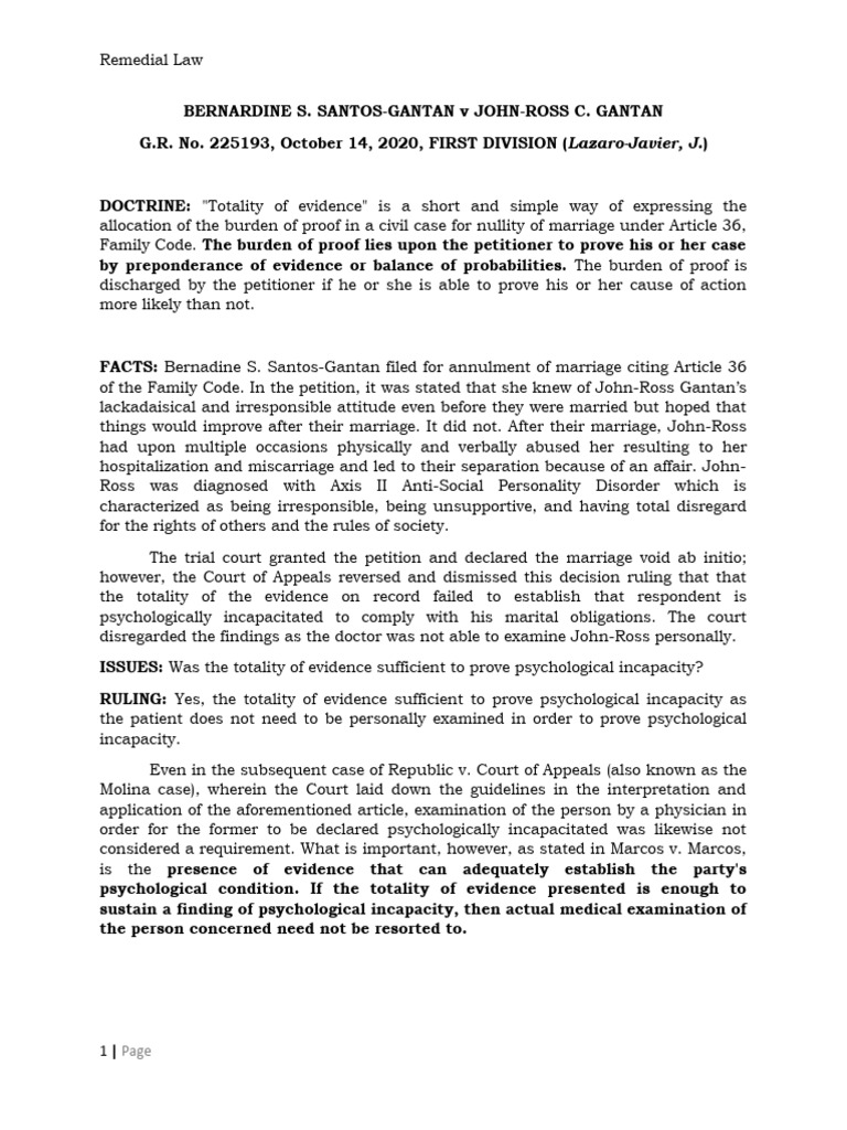 Bernardine Santos-Gantan V John-Ross Gantan | PDF | Burden Of Proof ...