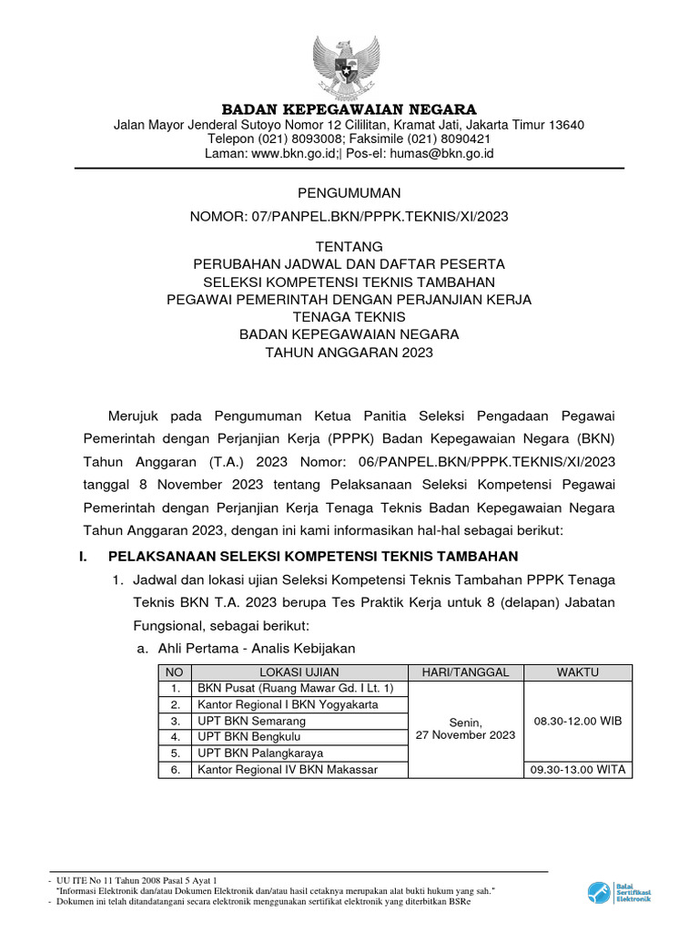 Pengumuman Jadwal SKTT PPPK Teknis BKN 2023 Lampiran 2 DS | PDF