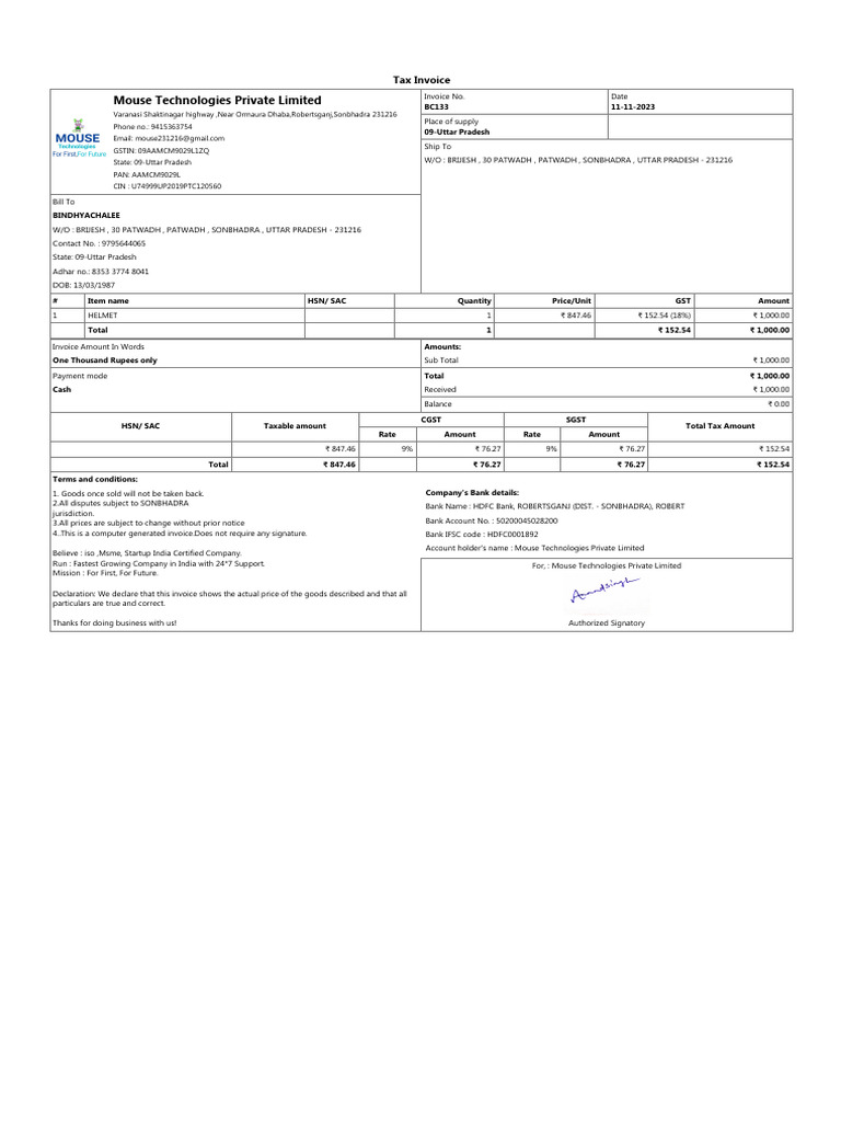 Tax Invoice for Helmet Purchase | PDF | Invoice | Money