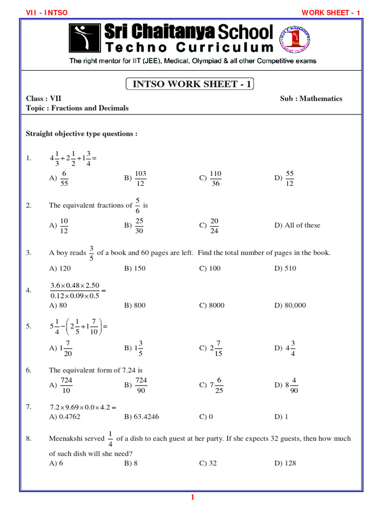 7 - Class INTSO Work Sheet - 1 - Fractions and Decimals | PDF | Numbers | Mathematics