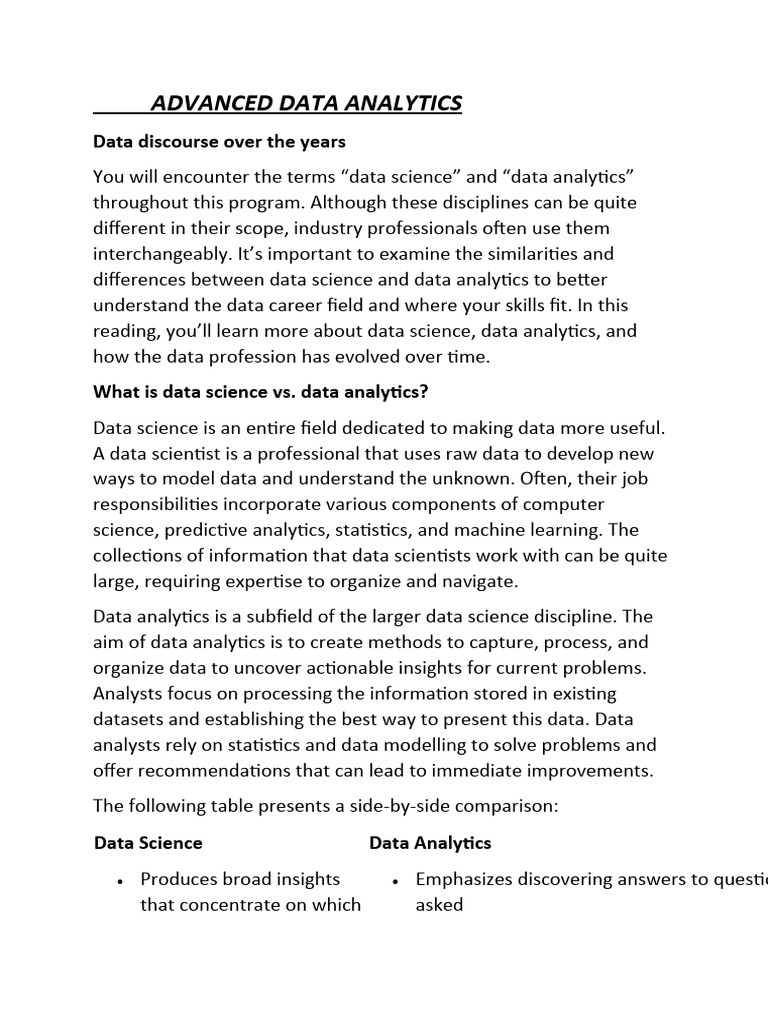 Advanced Data Analytics | PDF | Analytics | Business Intelligence Advanced Data Analytics | PDF | Analytics | Business Intelligence