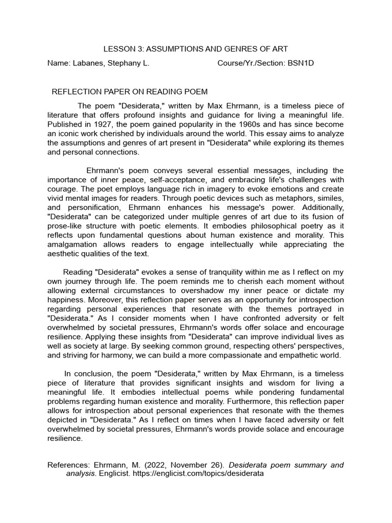 Reflection Paper About DESIDERATA Poem | PDF | Poetry | Psychological ...