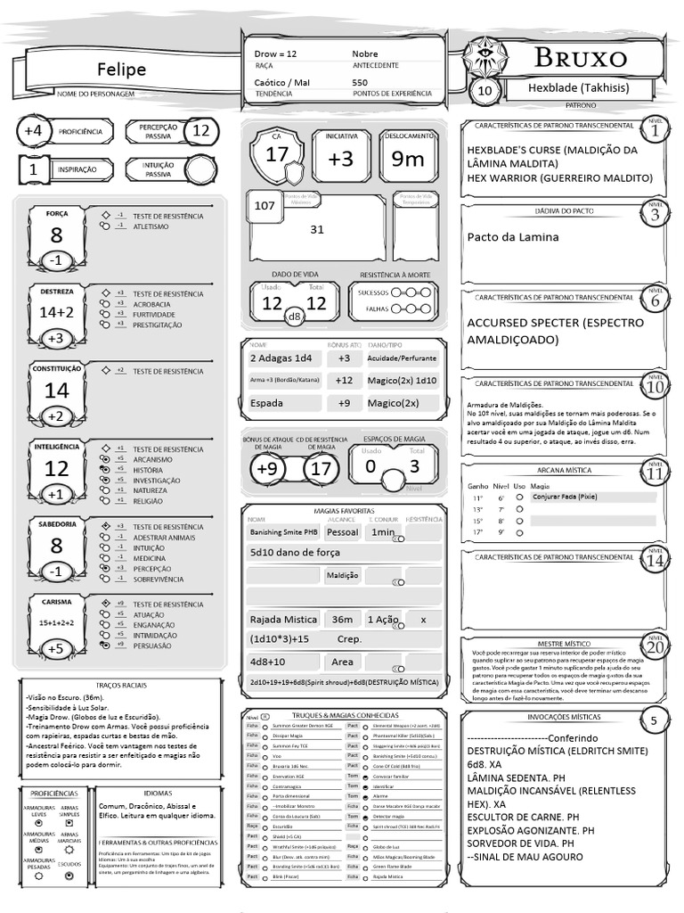 DND 5e - Ficha - Bruxo (HexBlade) - Mesa Vitor - Editável | PDF