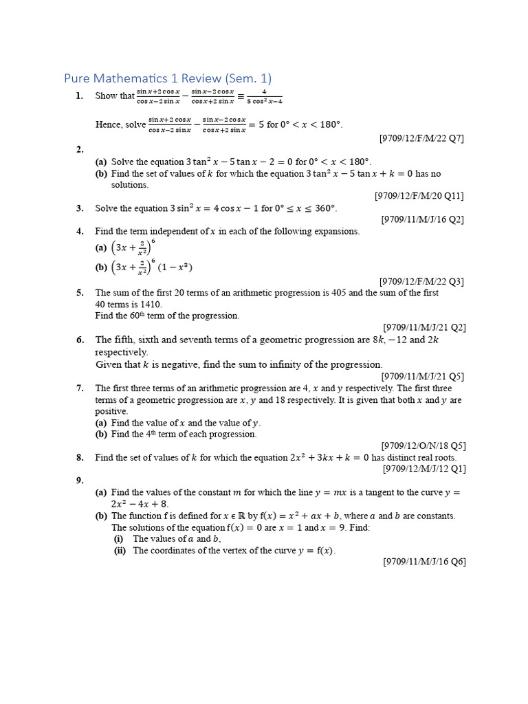 Pure Mathematics 1 Review | PDF | Mathematics