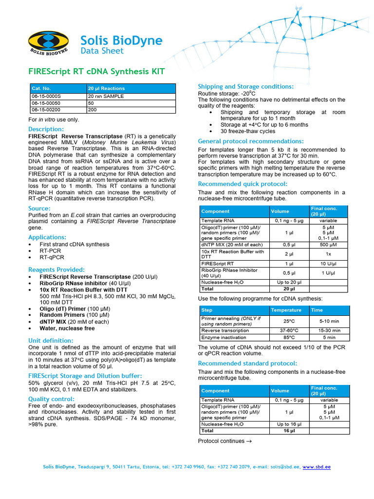 FIREScript RT cDNA Synthesis Kit Guide | PDF | Reverse Transcriptase ...