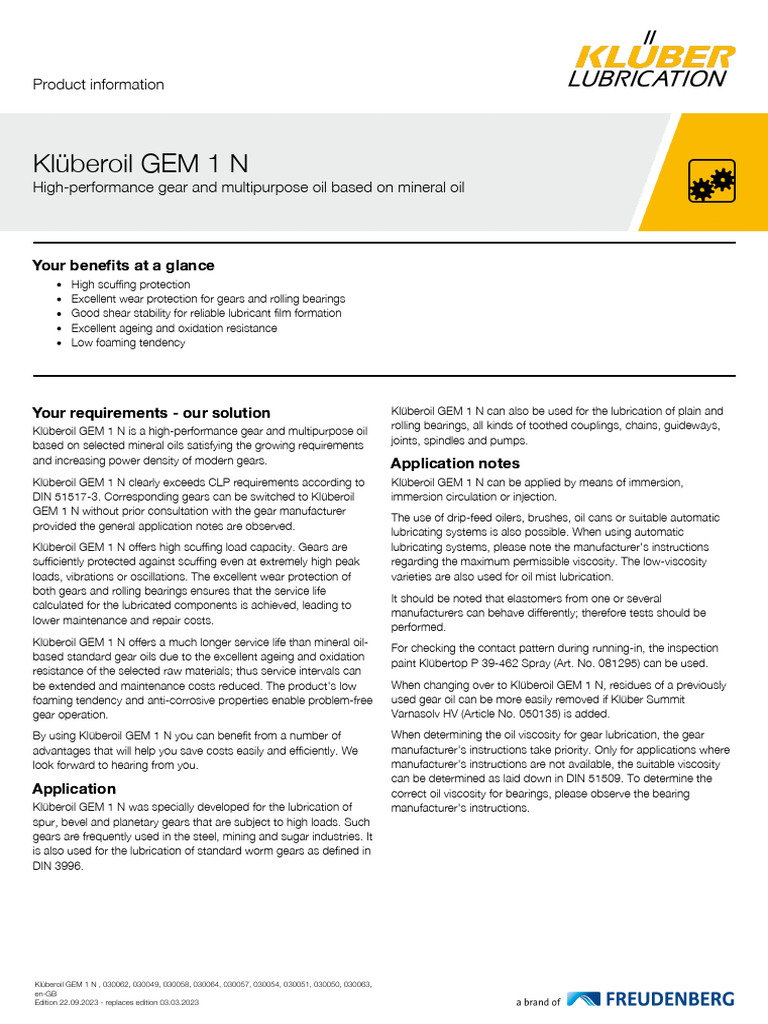 Klueberoil GEM 1 N 030063 PI GB en | PDF | Bearing (Mechanical) | Gear