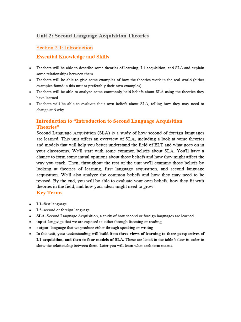 NOTE Unit 2 Second Language Acquisition Theories | PDF | Second Language Acquisition | Second ...
