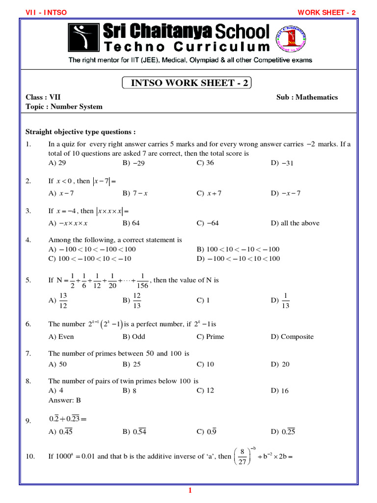 Class 7 Number System Worksheet | PDF | Numbers | Mathematics