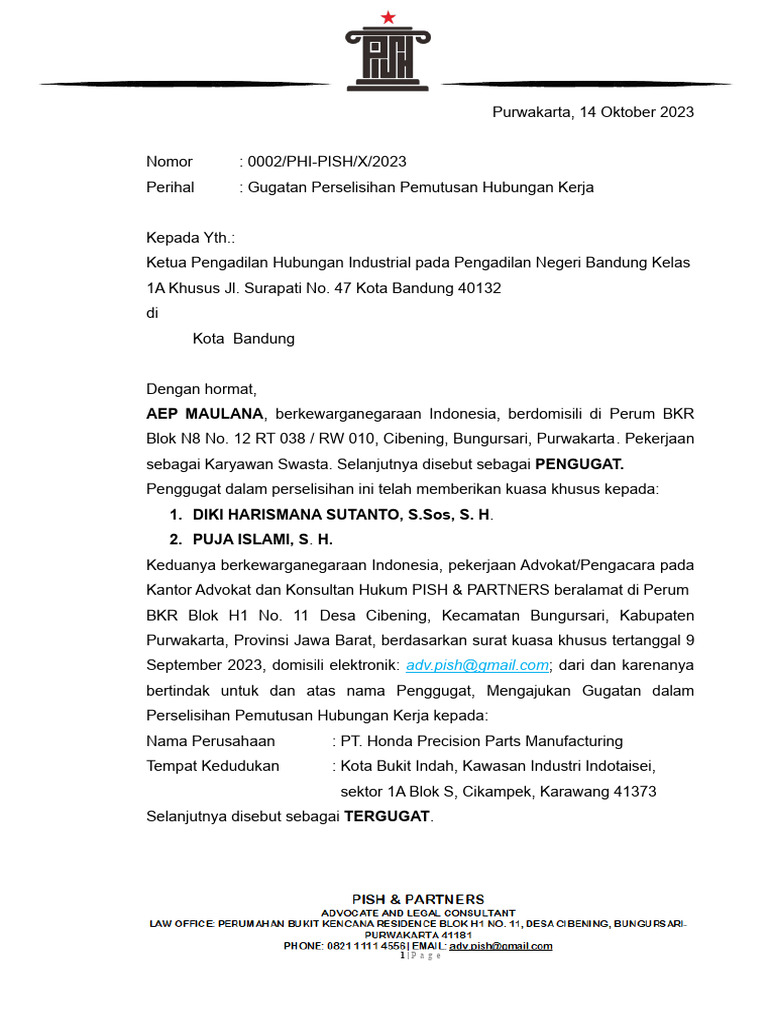 Gugatan PHK Aep Maulana ke PT PHI Karawang | PDF