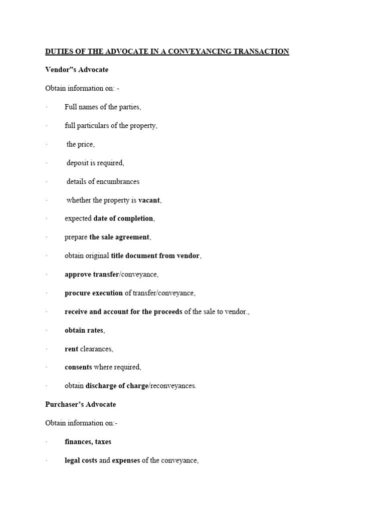 Duties of The Advocate in A Conveyancing Transaction | PDF ...