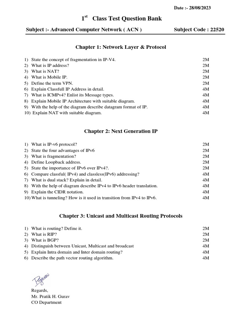 ACN (22520) UT 1 Question Bank | PDF | I Pv6 | Ip Address