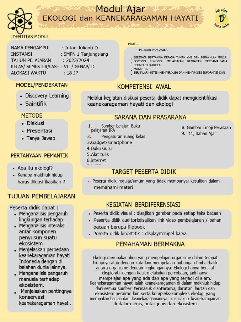 Modul Ajar Ilmu Pengetahuan Alam (IPA) - Ekologi Dan Keanekaragaman Hayati - Fase D | PDF