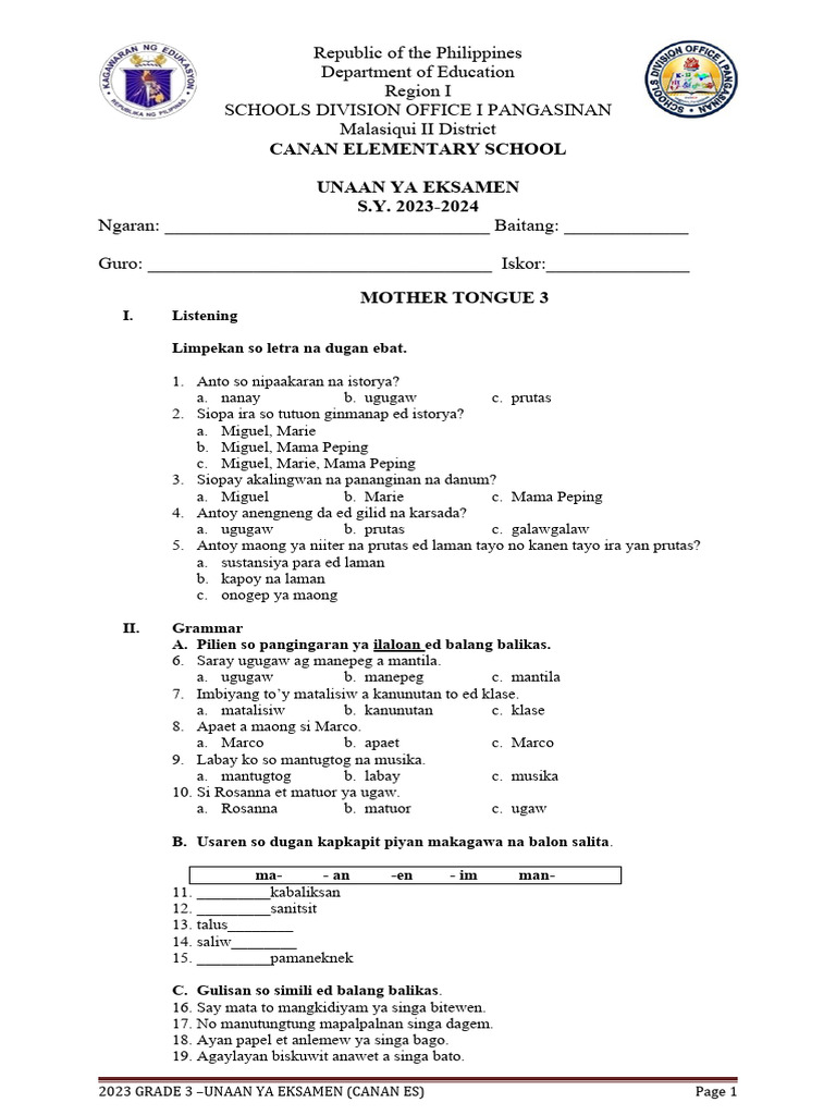 2019 GRADE 3_1st QA | PDF