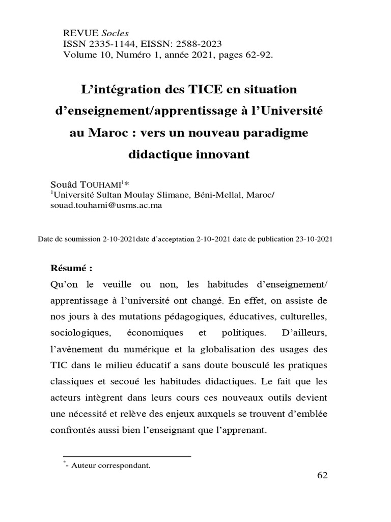L'intégration Des TICE en Situation D'enseignement - Apprentissage À L'université Au Maroc ...