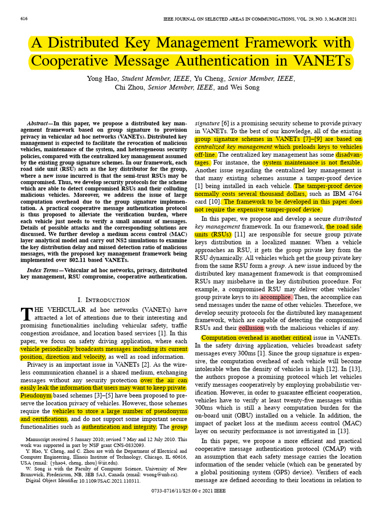 A Distributed Key Management Framework With Cooperative Message Authentication in VANETs | PDF ...