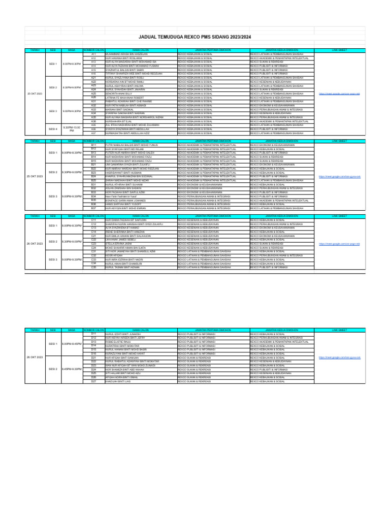 JADUAL TEMUDUGA RAKAN EXCO PMS SIDANG 2023 - 2024 - Sheet1 | PDF